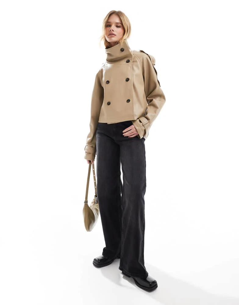 Shop ASOS DESIGN funnel neck leather look short trench coat in stone on ...
