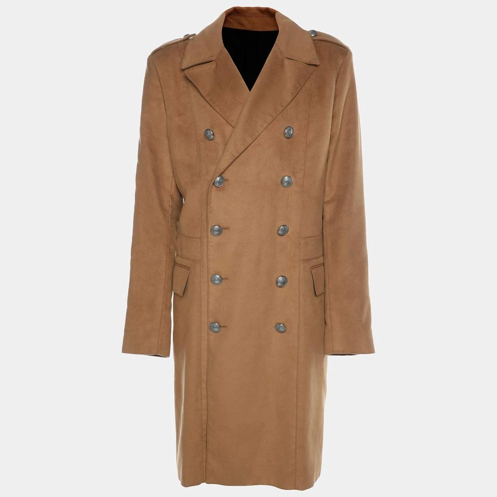 Shop Balmain Beige Wool Blend Double Breasted Long Coat on Sale at ...