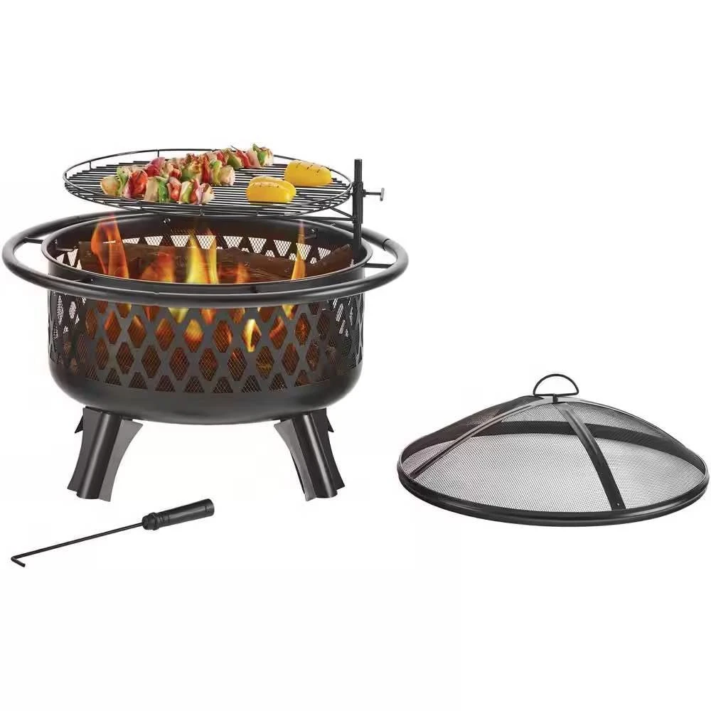 30-inch Black Steel Outdoor Fire Pit Grill with Screen and Poker – On ...