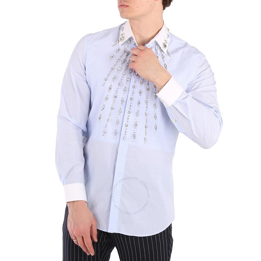 Burberry Pale Blue Stripe Carterton Crystal embellished Dress Shirt Blue Neck 15.5 Shirts Free Shipping BeyondStyle