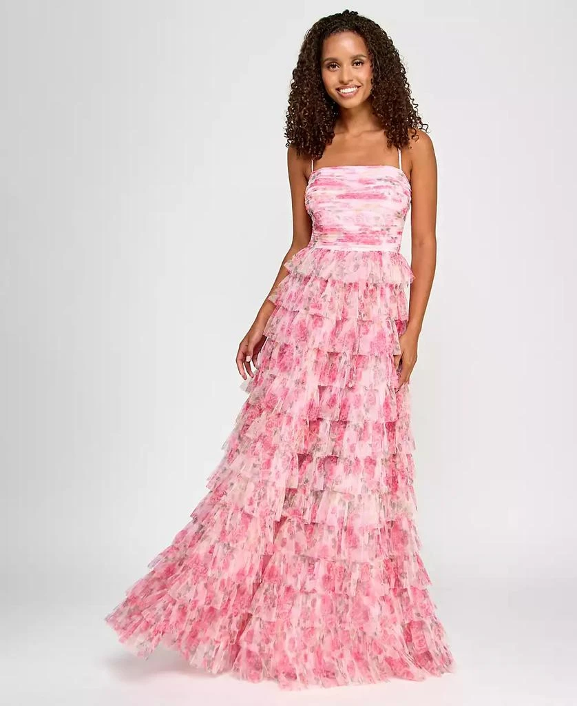 B Darlin Juniors' Floral Ruffle-Tiered Straight-Neck Gown, Created for ...