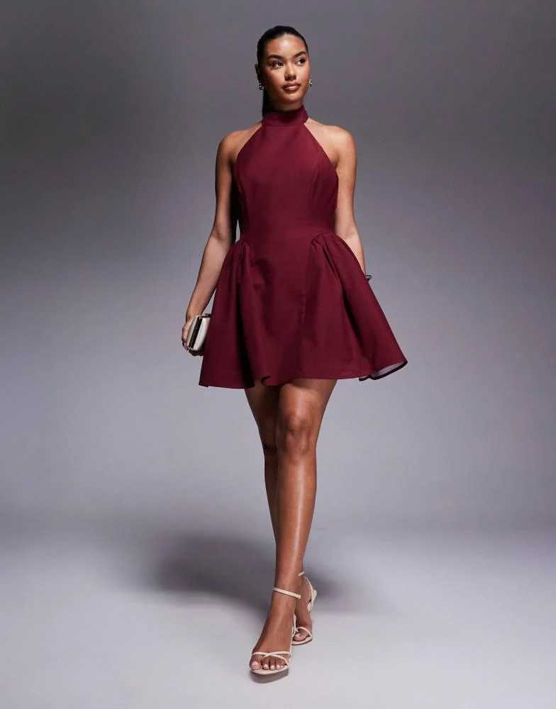 Shop Jarlo high neck drop waist mini dress in burgundy on Sale at ...