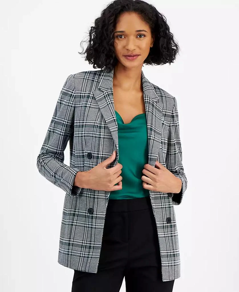 Women's Plaid Open-Front Faux-Double-Breasted Blazer, Created for Macy ...