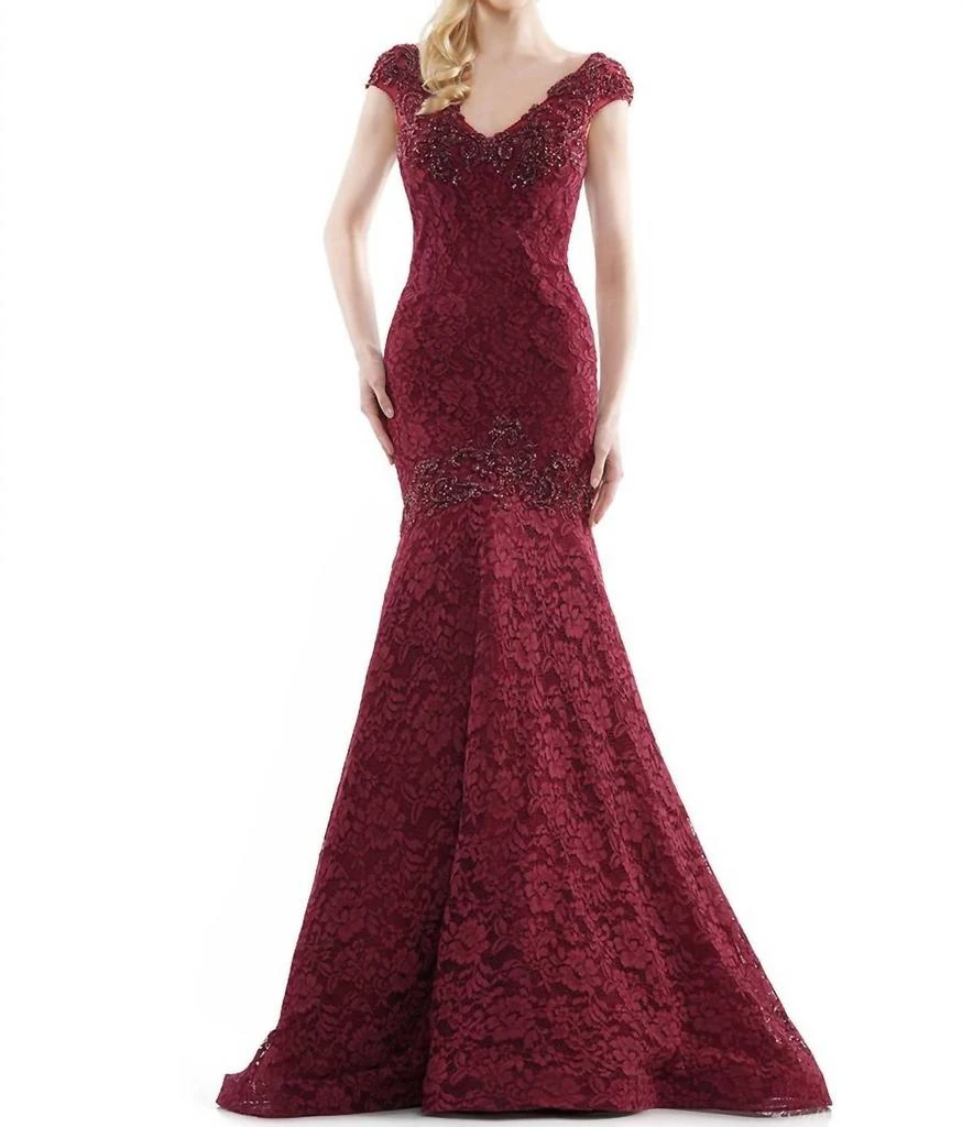 Shop Embellished Lace Fitted Trumpet Gown In Burgundy on Sale at ...