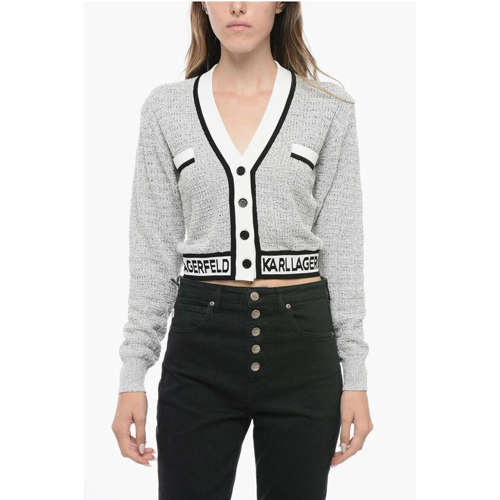Karl Lagerfeld Paris Bouclè Fabric Cropped Cardigan with Logoed Women's Band - Women's Cardigans ...