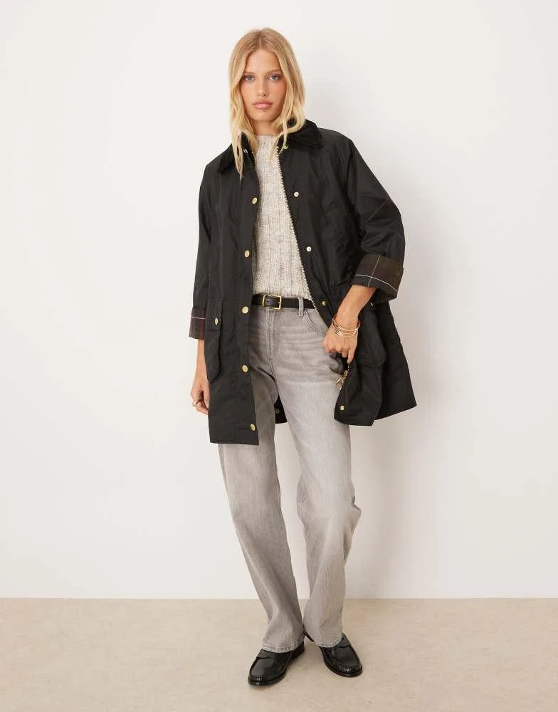 Barbour Long Beadnell wax jacket in black/classic – On Sale Now with Up ...