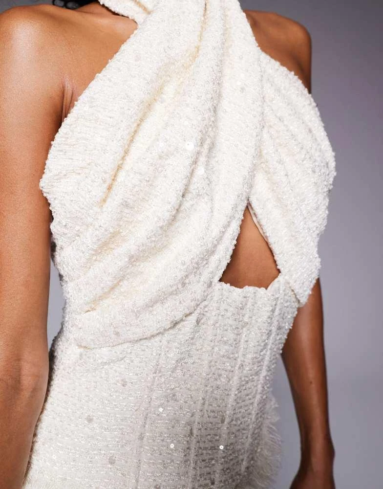 Shop Heiress Beverly Hills premium sequin boucle halterneck ruffle hem ...