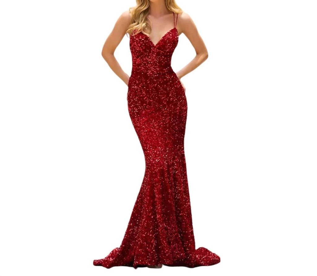Shop Velvet Sequin Lace Back Long Gown In Red on Sale at BeyondStyle ...
