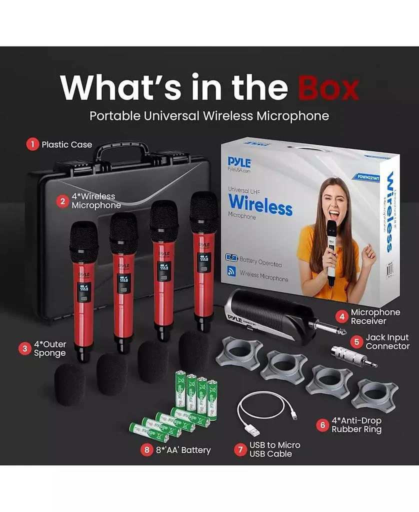 Pyle Portable Universal Wireless Microphone System, UHF Quad Channel ...