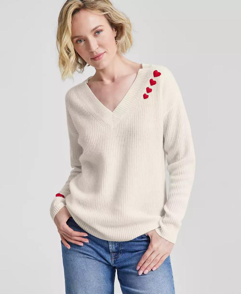 Women s Cashmere Ribbed Heart Embroidered V Neck Sweater Created for Macy s