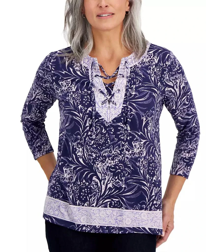JM Collection Petite Mixed-Print Lace-Up Knit Tunic, Created for Macy's ...