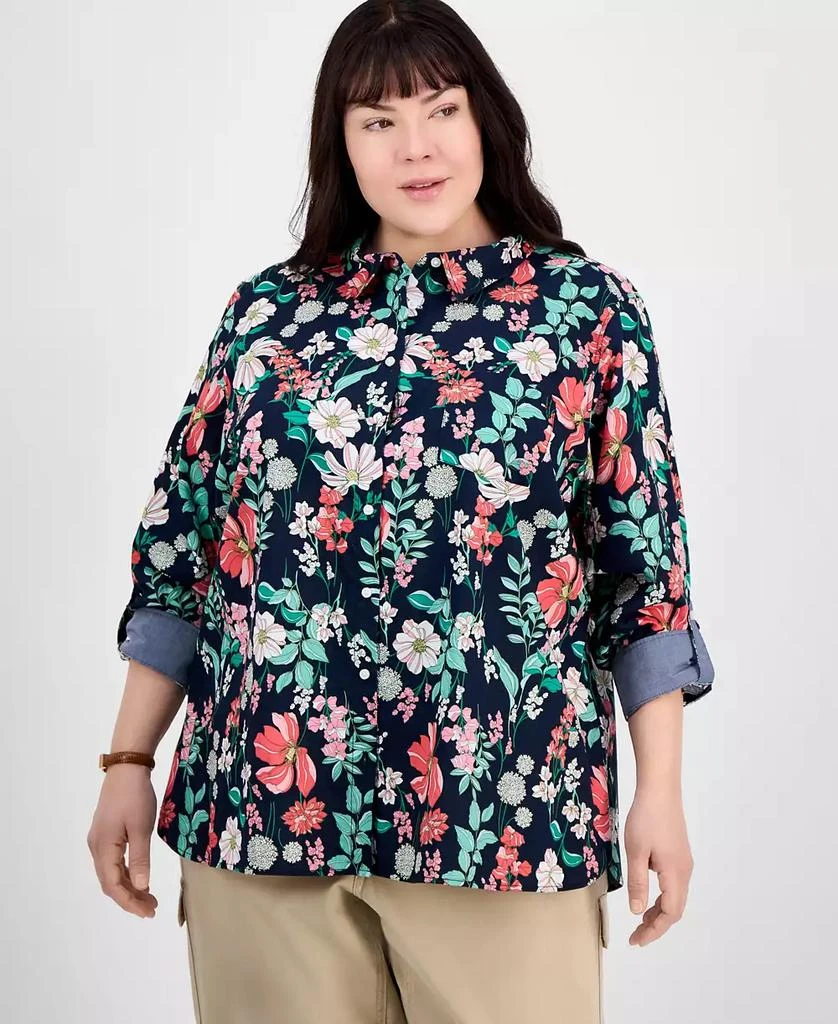 Tommy Hilfiger Plus Size Floral-Print Cotton Roll-Tab Shirt ...