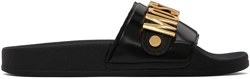 Moschino Black PVC Lettering Logo Pool Slides Women s Shoes BeyondStyle