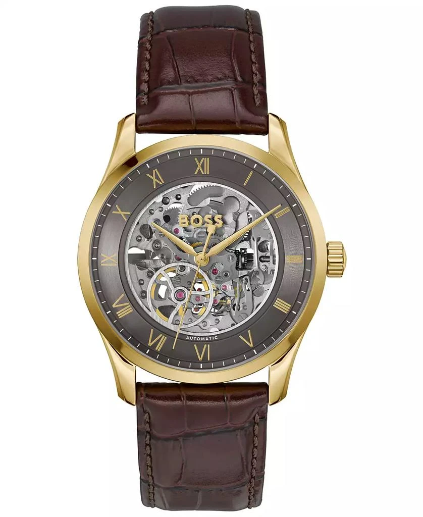Hugo Boss Men's Principle Skeleton Mech-Automatic Brown Calfskin Watch ...