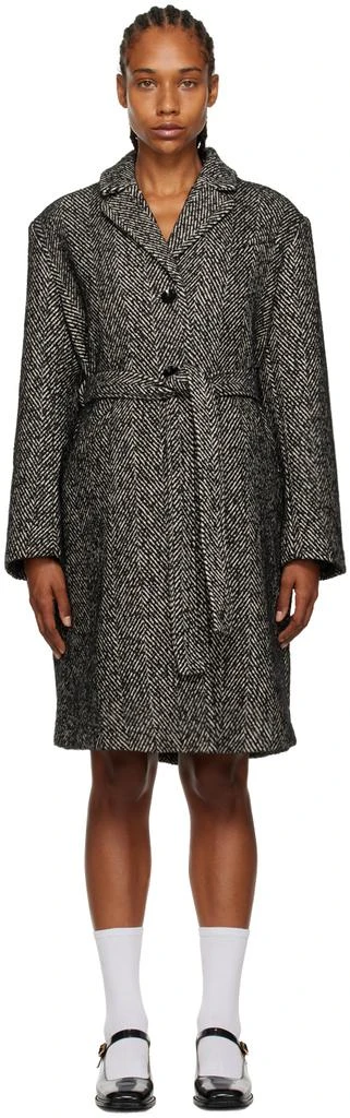 GANNI Black & White Herringbone Coat - Coats - BeyondStyle