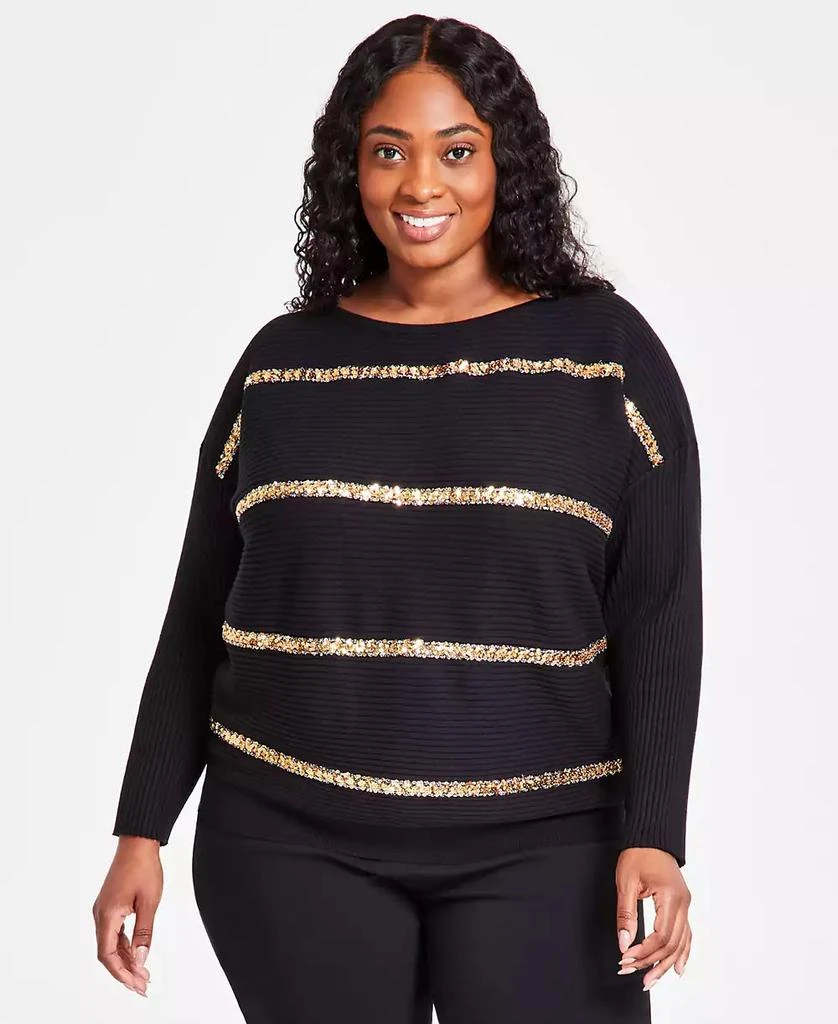 JM Collection Plus Size Sequin-Stripe Boat-Neck Sweater, Created for ...