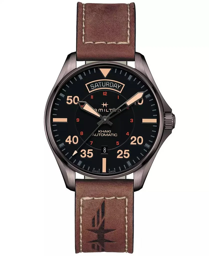 Hamilton Men's Swiss Automatic Khaki Pilot Brown Leather Strap Watch ...