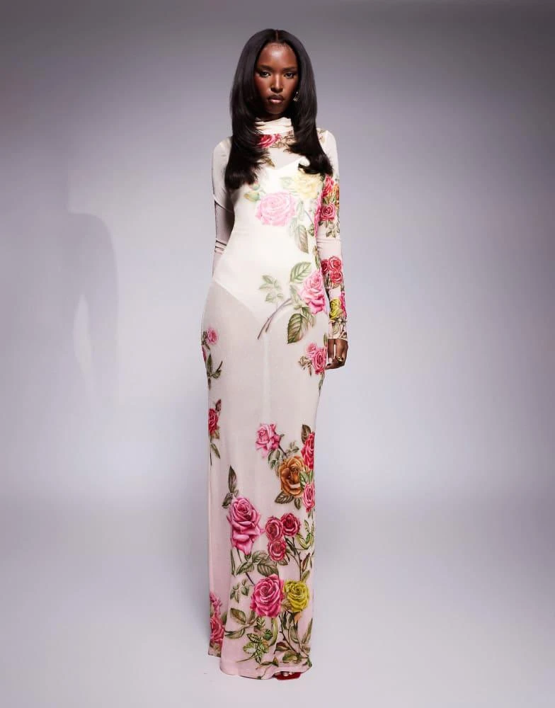 Shop AFRM Rowan high neck mesh maxi dress in falling rose print on Sale ...