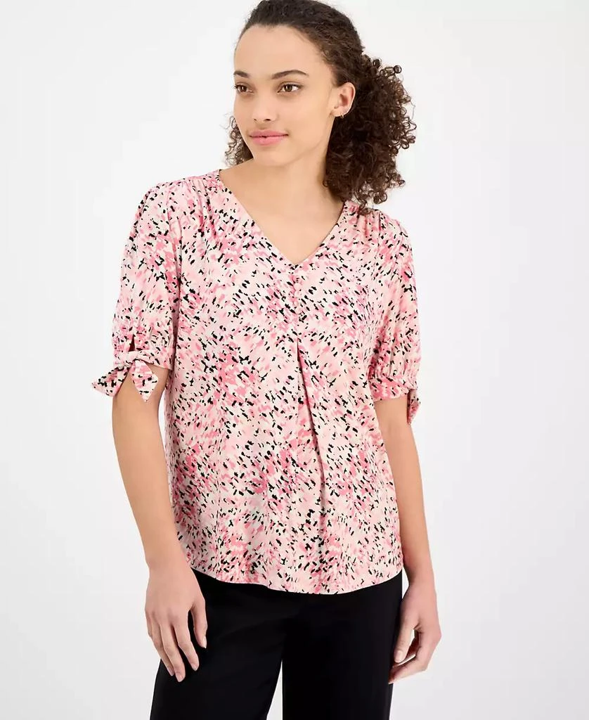 AK Anne Klein Petite Tie-Cuff Front-Pleated Printed Top - BeyondStyle