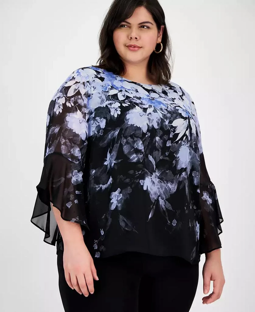 Kasper Plus Size Cascading Floral Ruffle-Sleeve Blouse - Shirts ...