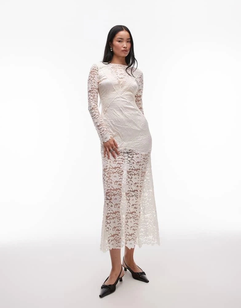 Topshop Topshop long sleeve vintage crinkle satin and lace mix maxi ...